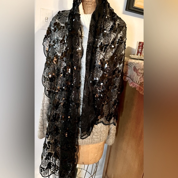 Accessories | Shimmering Black Lace Sequin Scarf Extra Long | Poshmark